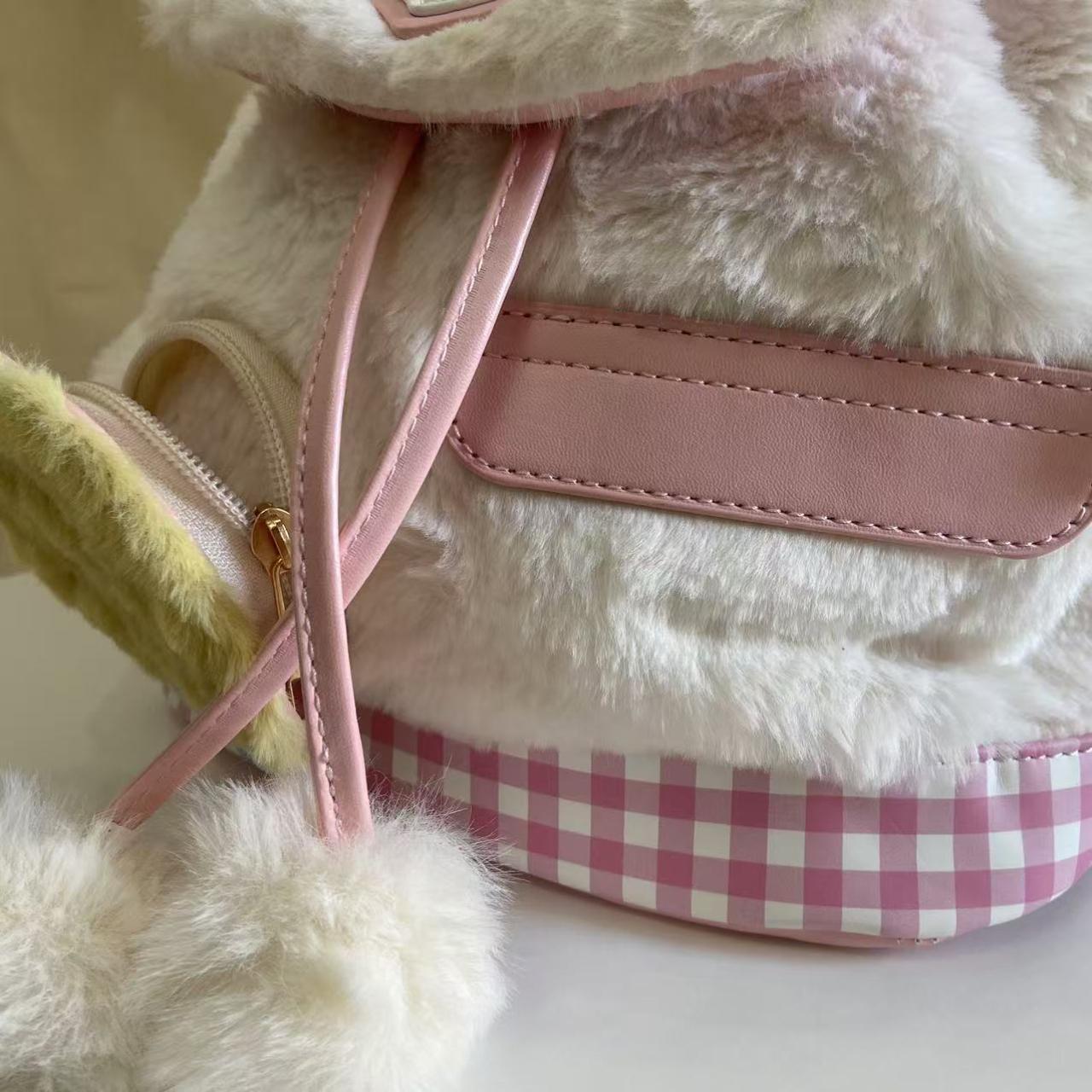 White pink plush backpack，so soft~ -around 9 inches... | Depop