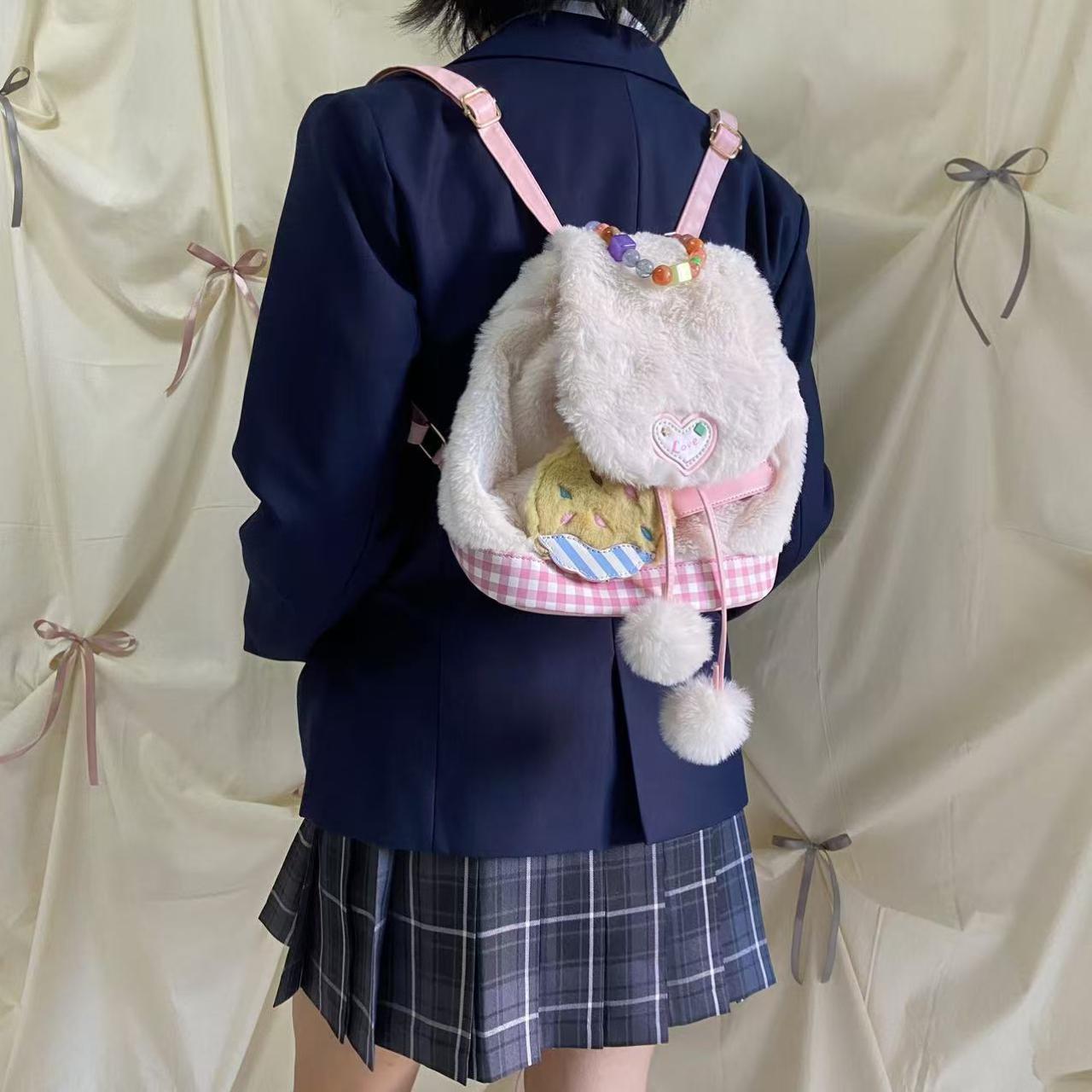 White pink plush backpack，so soft~ -around 9 inches... | Depop