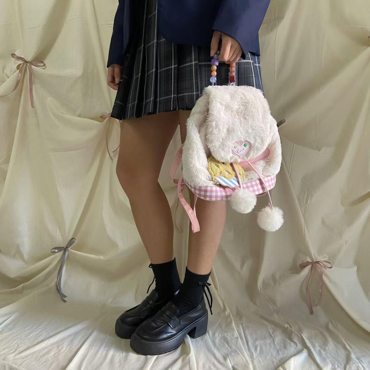 White pink plush backpack，so soft~ -around 9 inches... | Depop