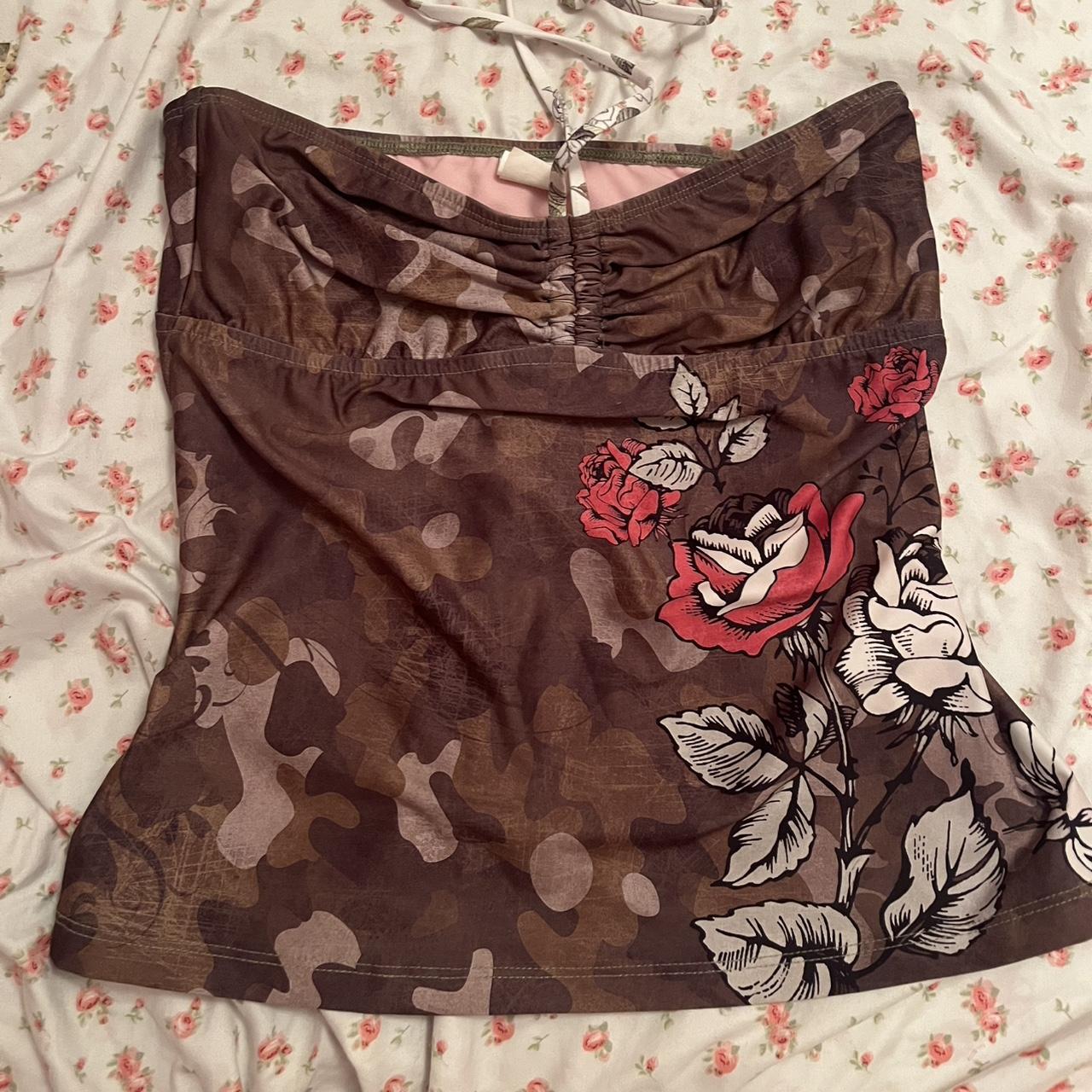 Green/brown camo print tankini top with pink details... | Depop