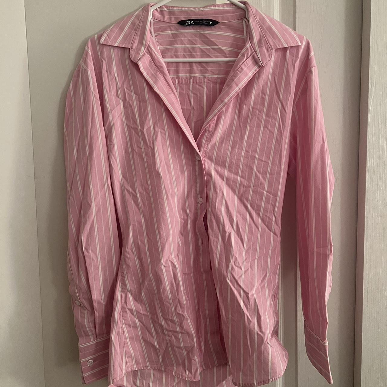 Zara pink & white striped blouse; fits the waist - Depop