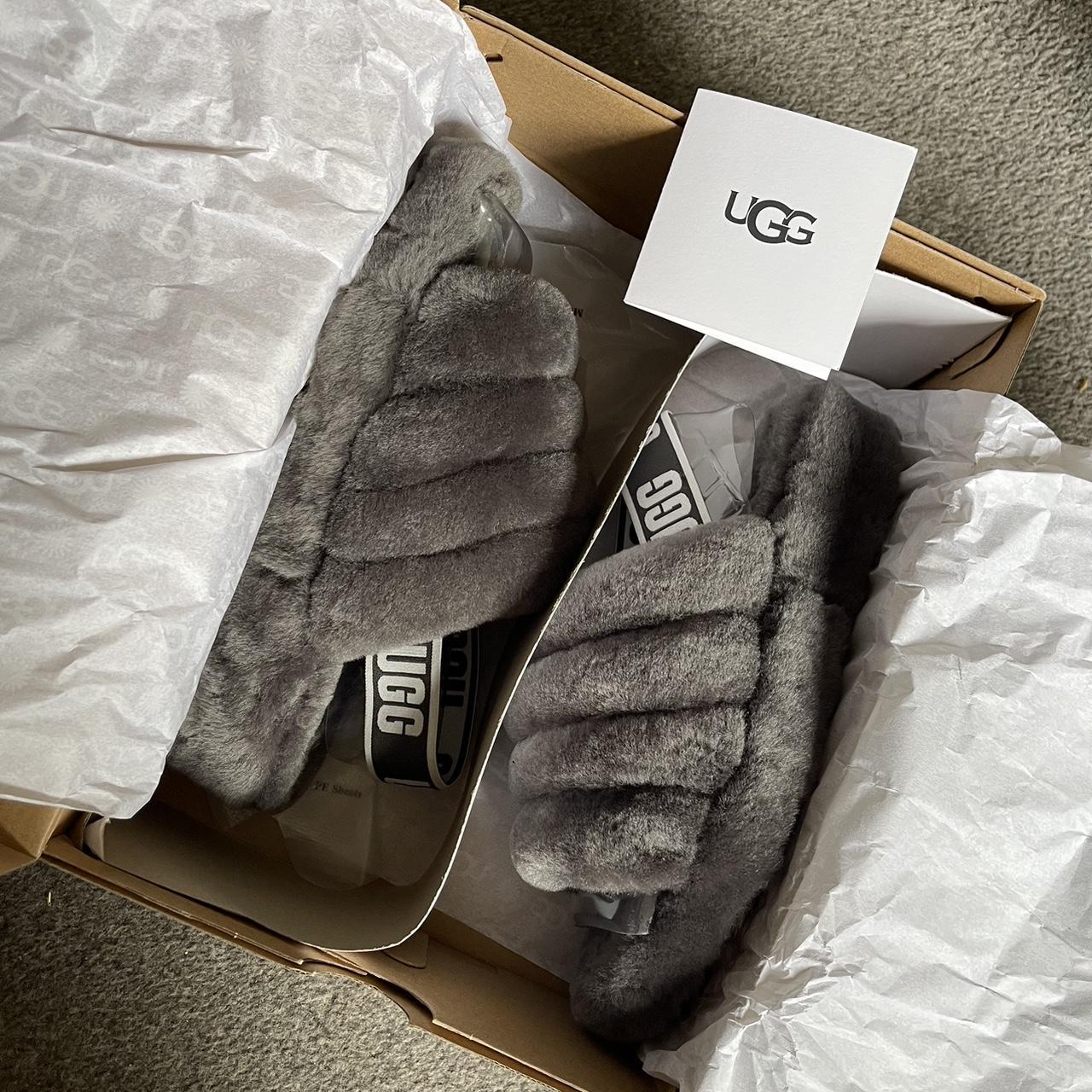 Grey Ugg fluffy slides. Worn once, great condition... - Depop
