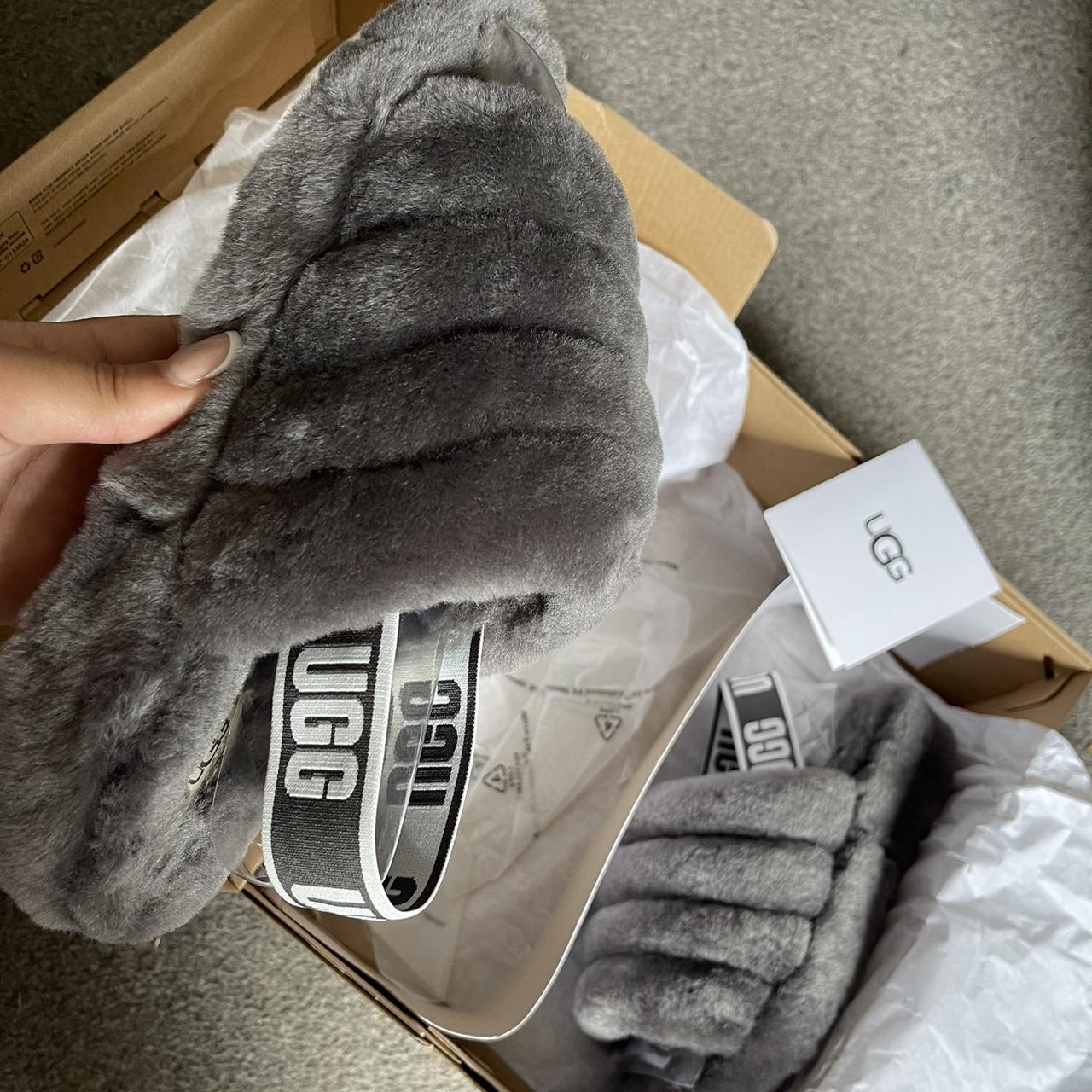 Grey Ugg fluffy slides. Worn once, great condition... - Depop