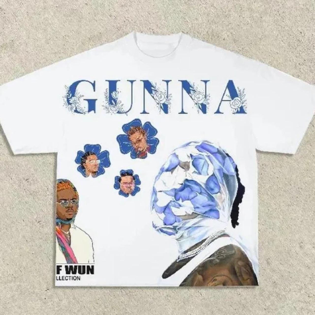 White and blue GUNNA streetwear t-shirt #streetwear... | Depop