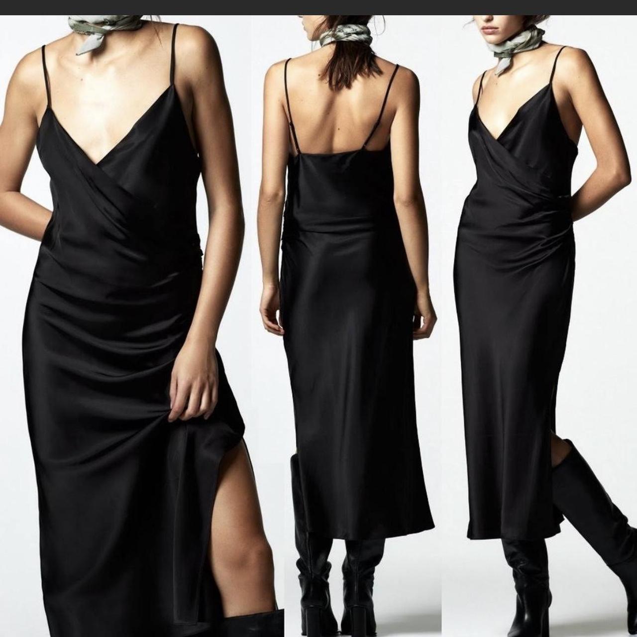 Zara black silk satin slip midi dress. Wrap style... - Depop