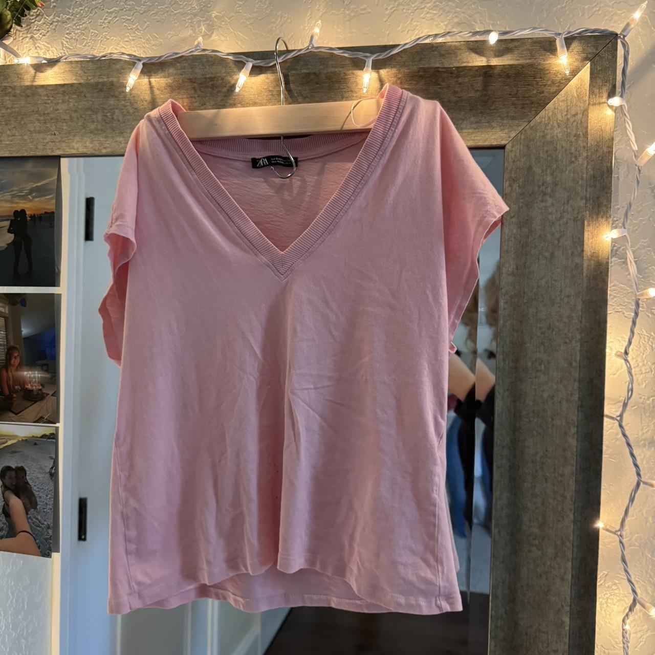 Pink Zara distressed mini sleeve shirt, very loose... - Depop