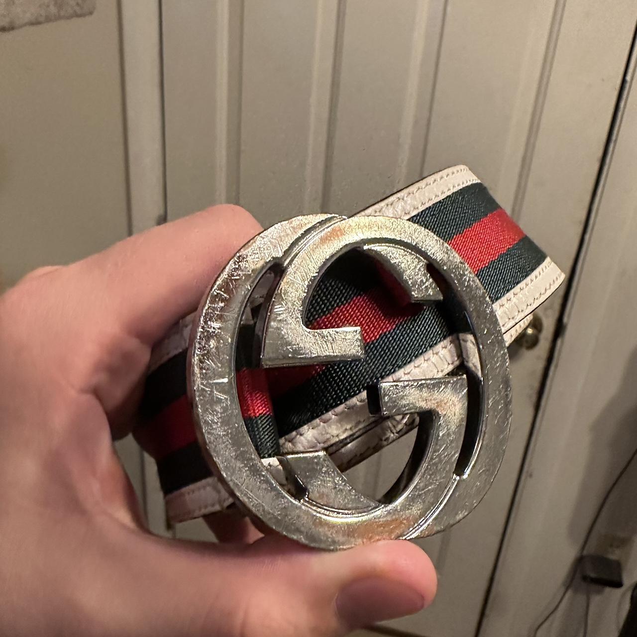 White Gucci Belt w/ candy stripes Used thoroughly,... - Depop
