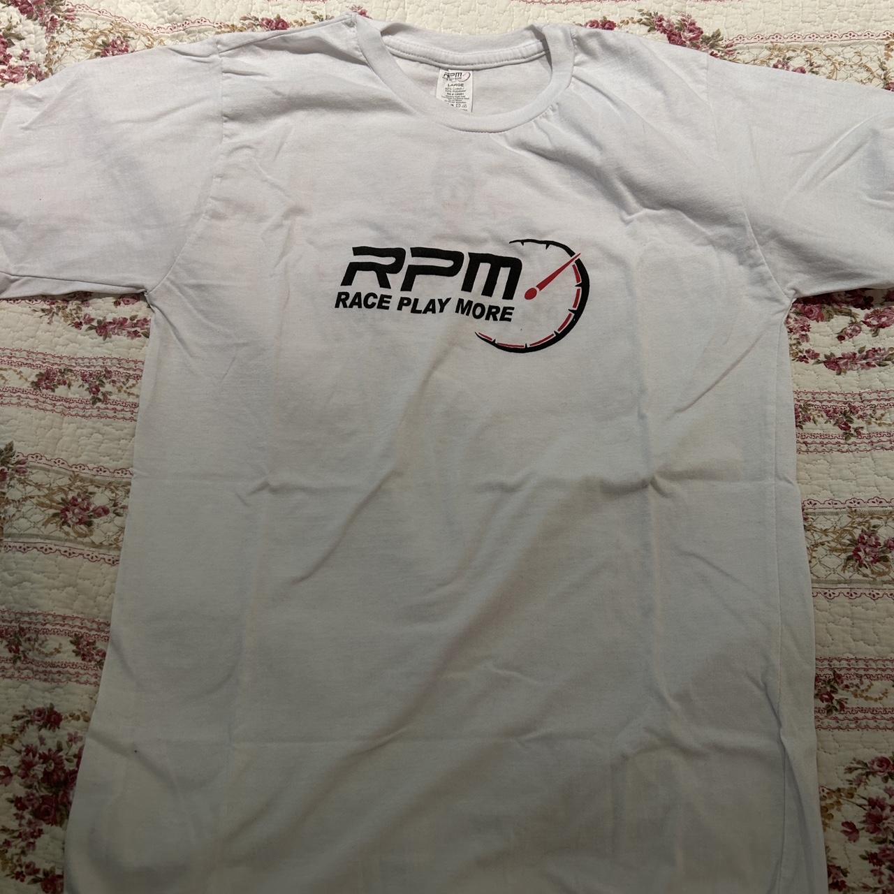 Racer white graphic tshirt. RPM logo. Size large.... - Depop