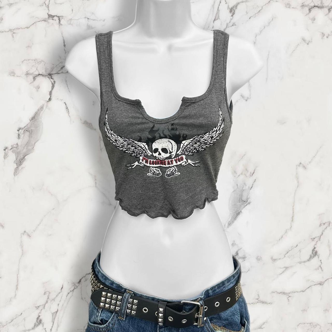 grey graphic crop top *brand new* dark heather gray... - Depop