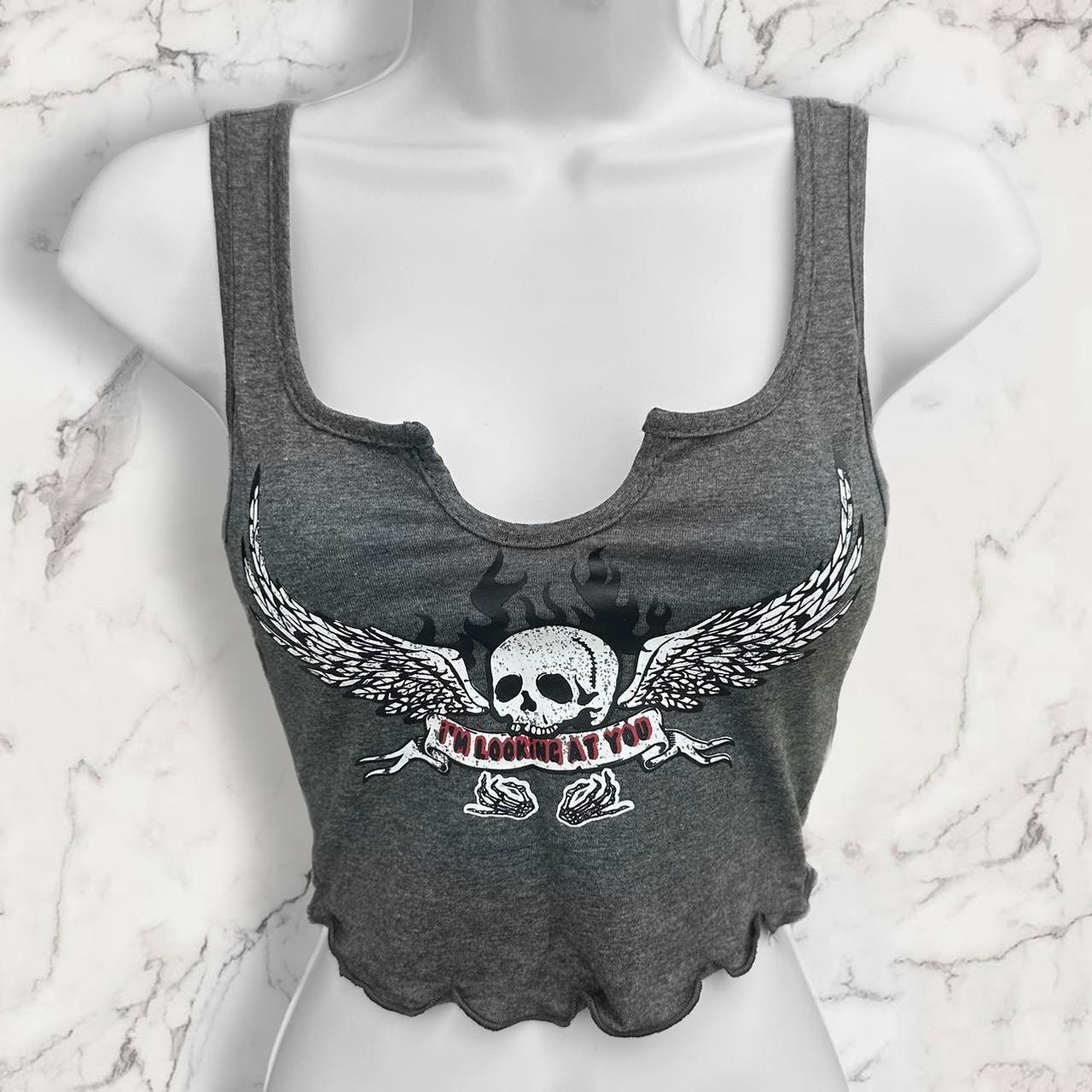 grey graphic crop top *brand new* dark heather gray... - Depop