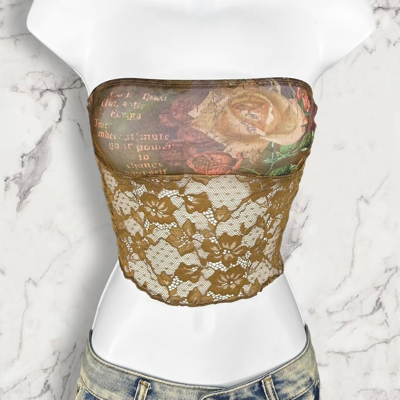 mesh floral crop top *brand new* size small brown... - Depop