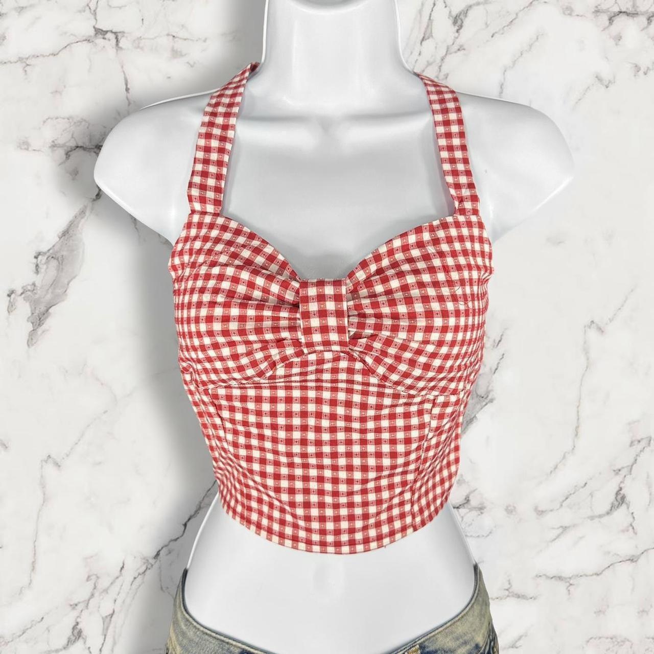cropped plaid halter top *brand new* size extra... - Depop