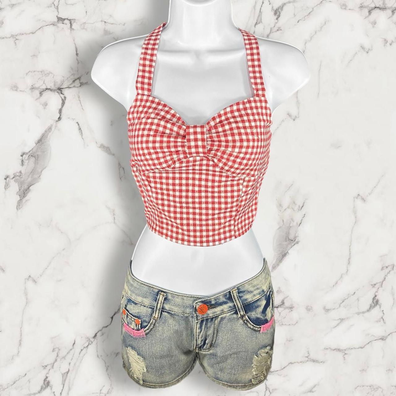 cropped plaid halter top *brand new* size extra... - Depop