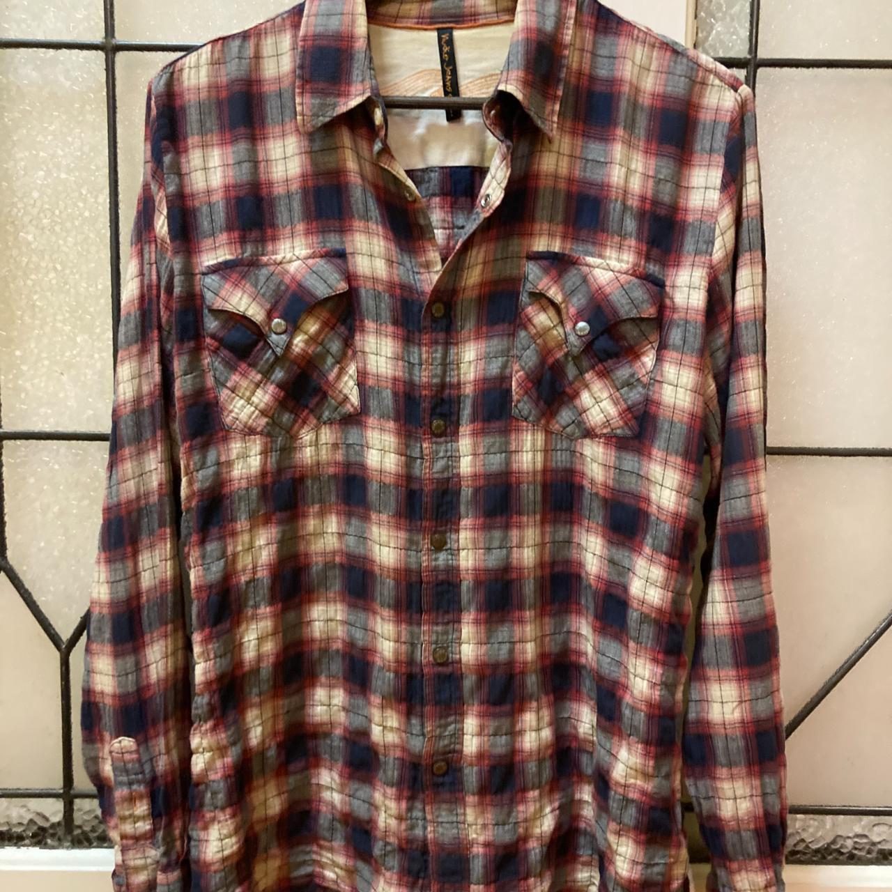Nudie Jeans Mens' Shirt Blue/Red plaid 98% cotton 2%... - Depop