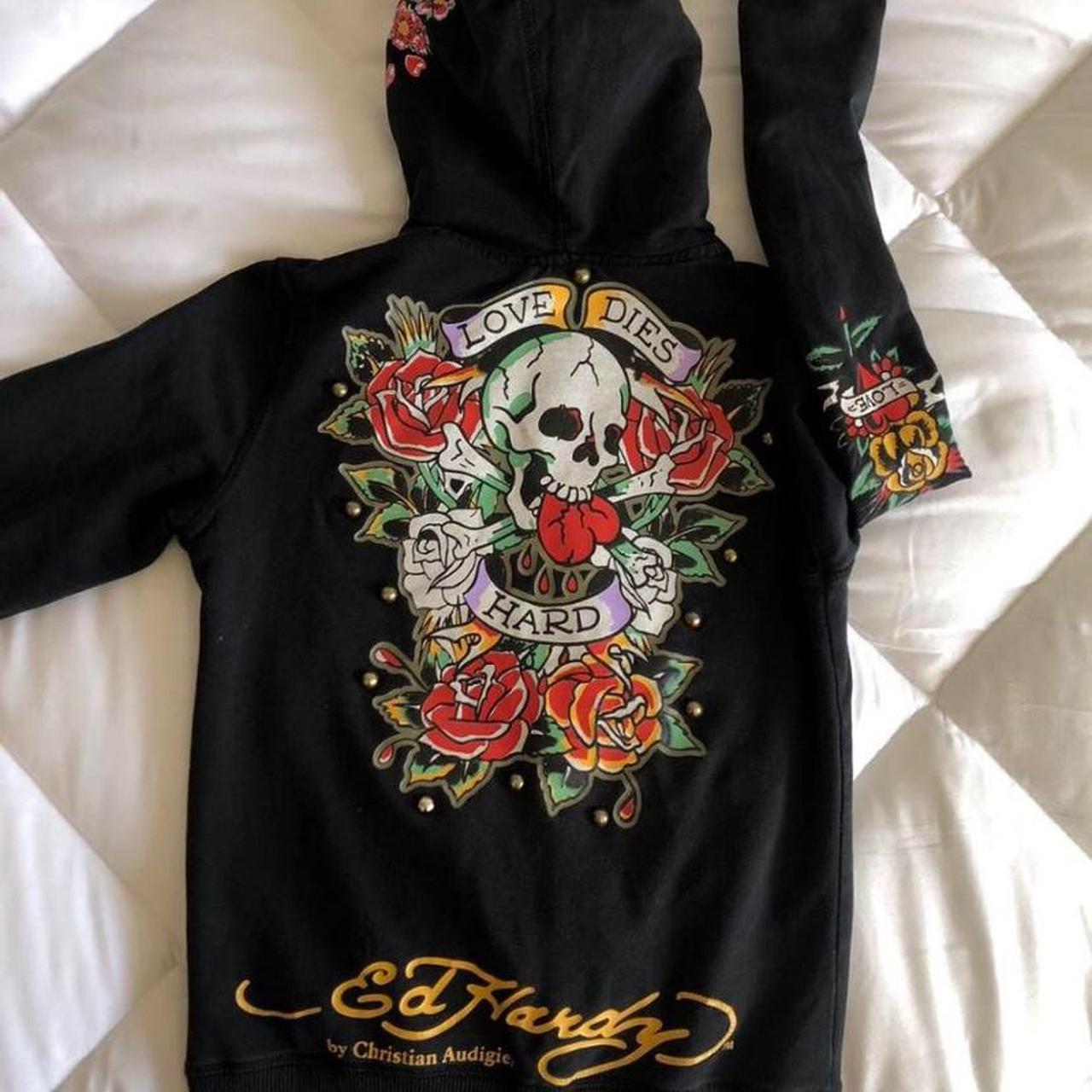 Ed hardy zip up hoodie floral design studded... - Depop
