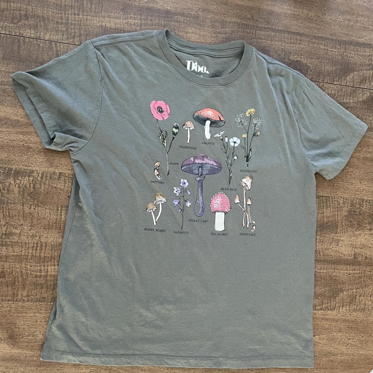 Doe T-Shirt Womens Size Large - Green with Mushrooms... - Depop