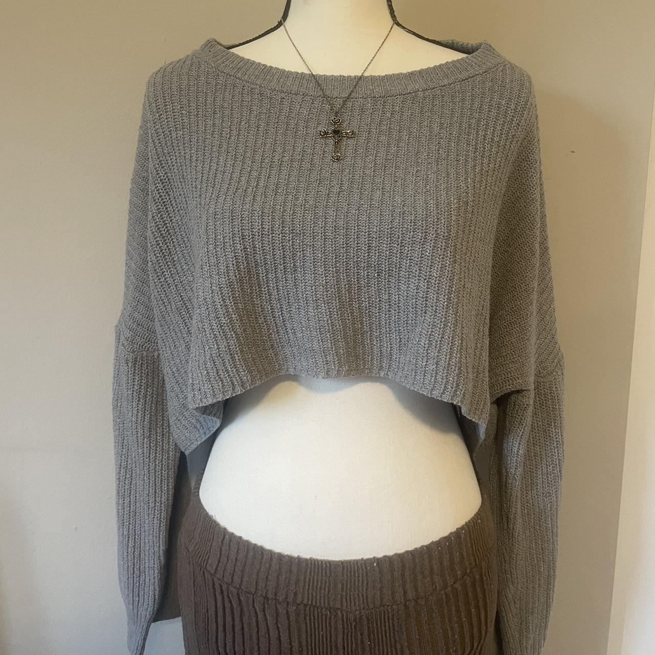 knitted grey cropped sweater top size: xs , s fit... - Depop