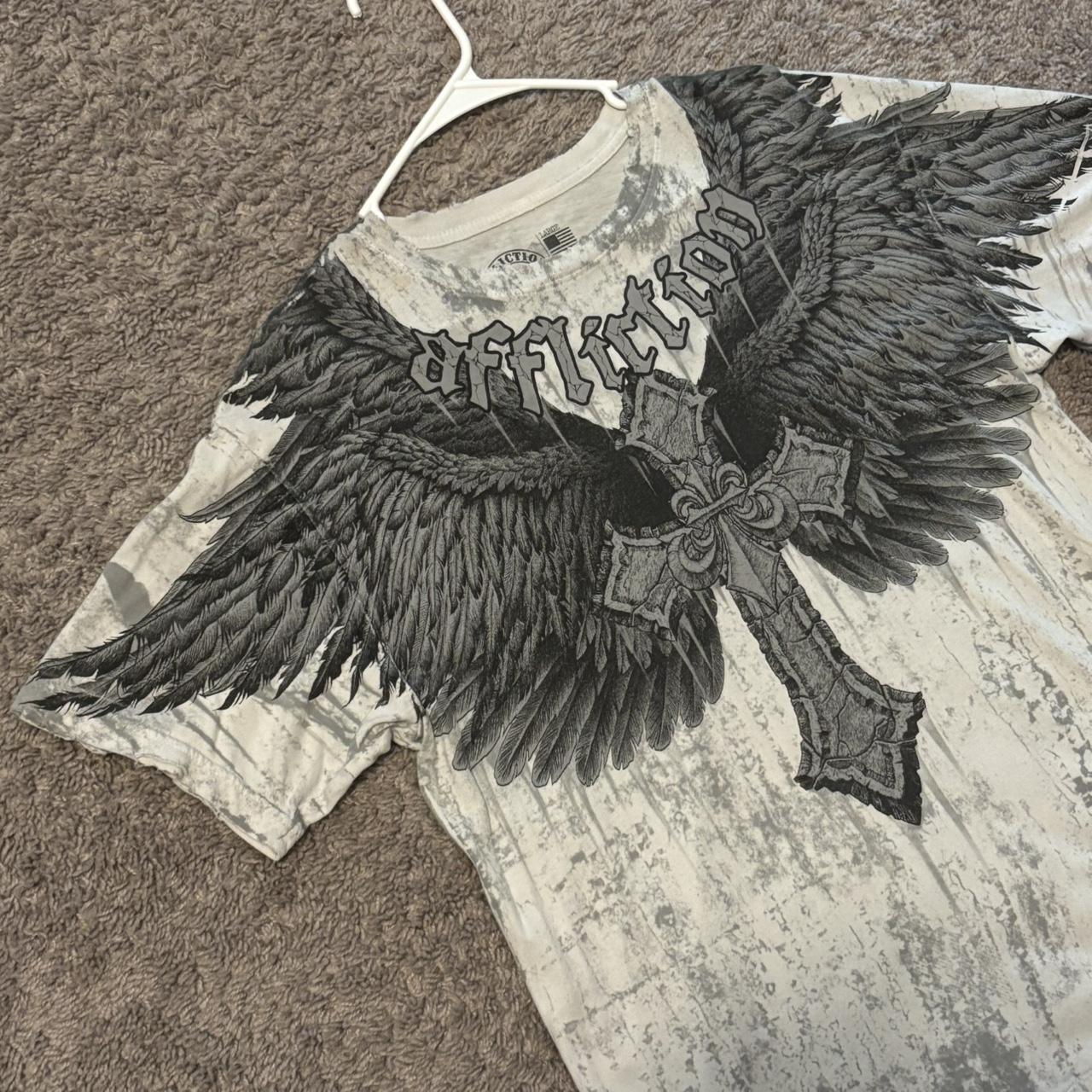 Affliction Semetary Cross Angel Wings Tee Large... | Depop