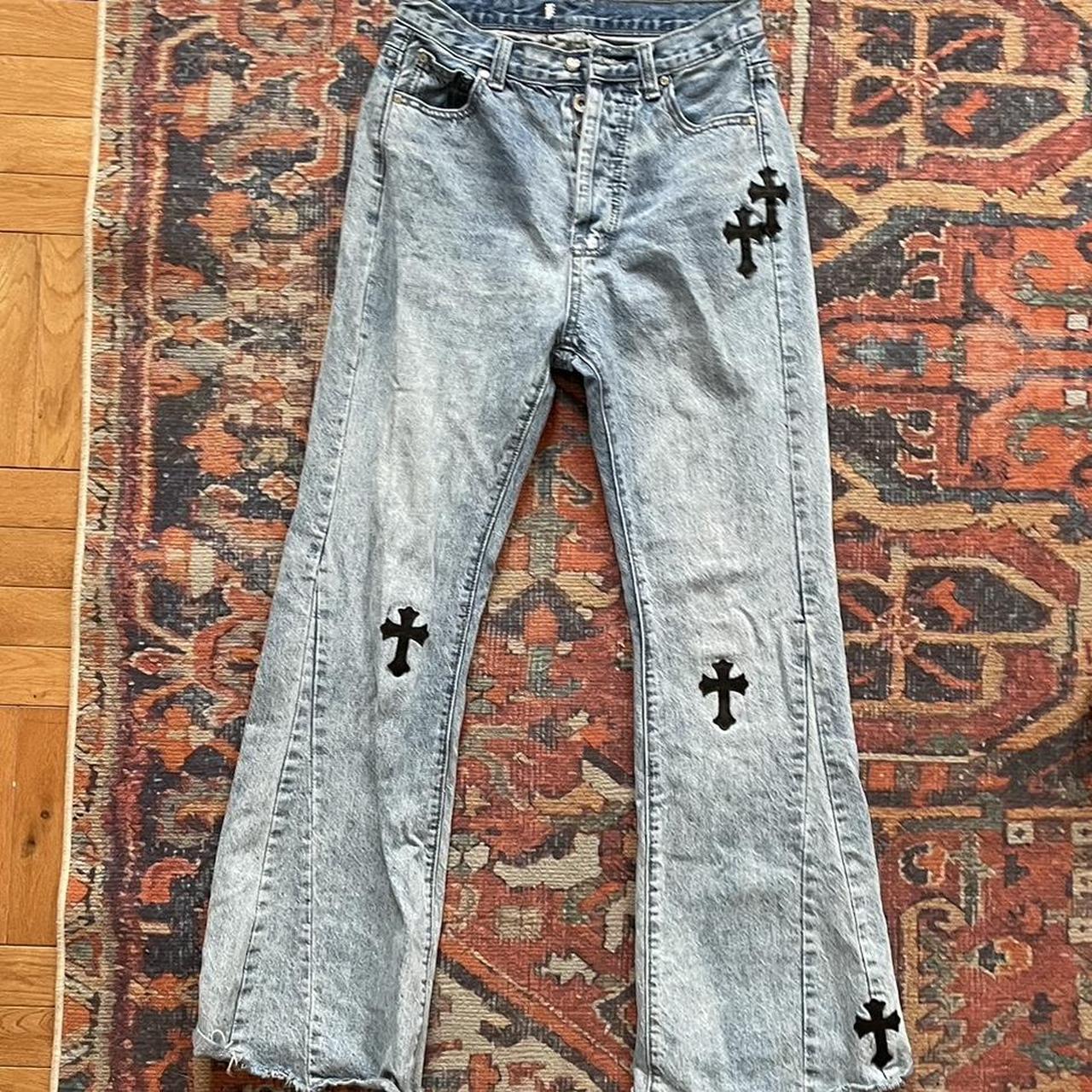 black cross embroidered patch jeans🖤 size medium on... - Depop