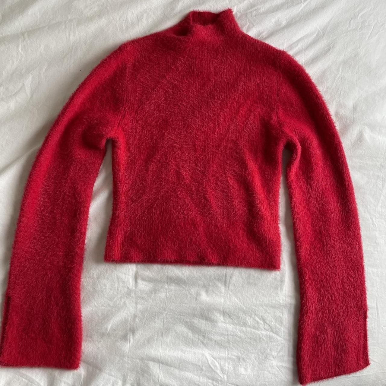 red fuzzy cropped sweater💋 mock neck, with slits at... - Depop