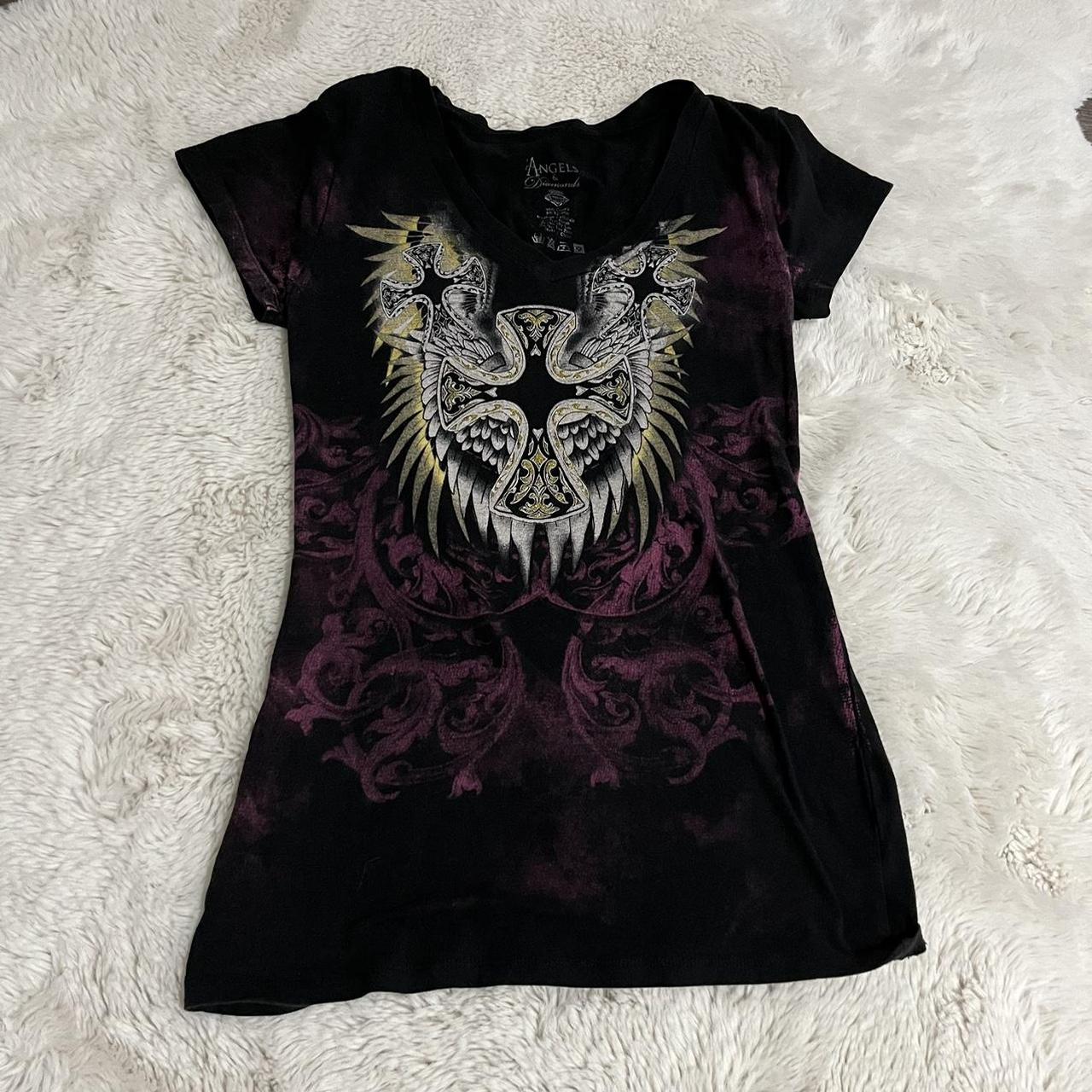 Emo grudge y2k Black cross and Angel wings print... - Depop