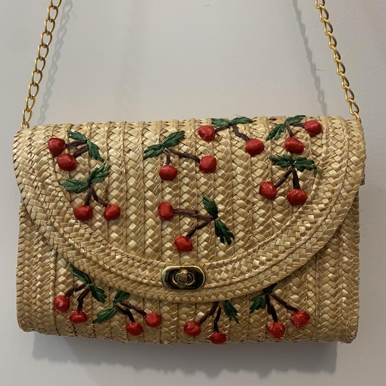 Cherry straw bag with red plaid interiors - Depop