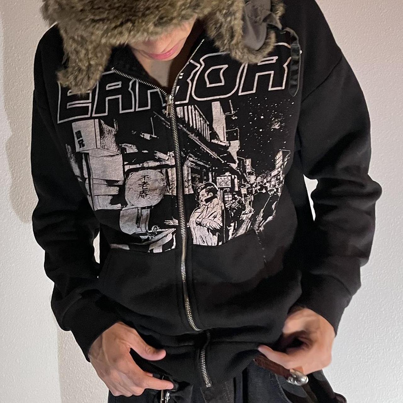 ERROR japan Y2K zip up hoodie, zip up jacket black... - Depop
