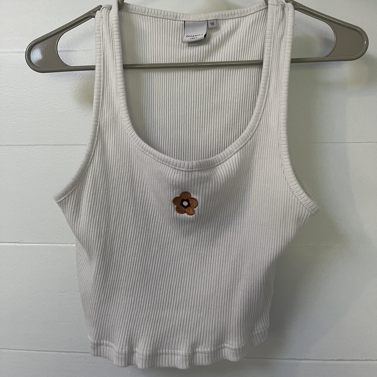 Ghanda white tank with embroidered flower size 8... - Depop
