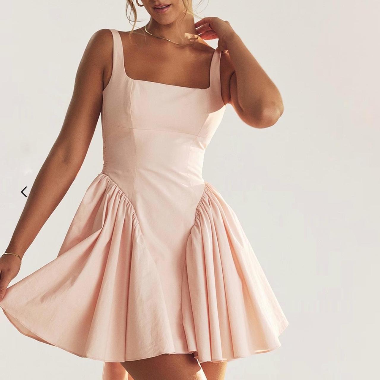 Soft Peach bow mini dress. Size SMALL but fits tight... - Depop