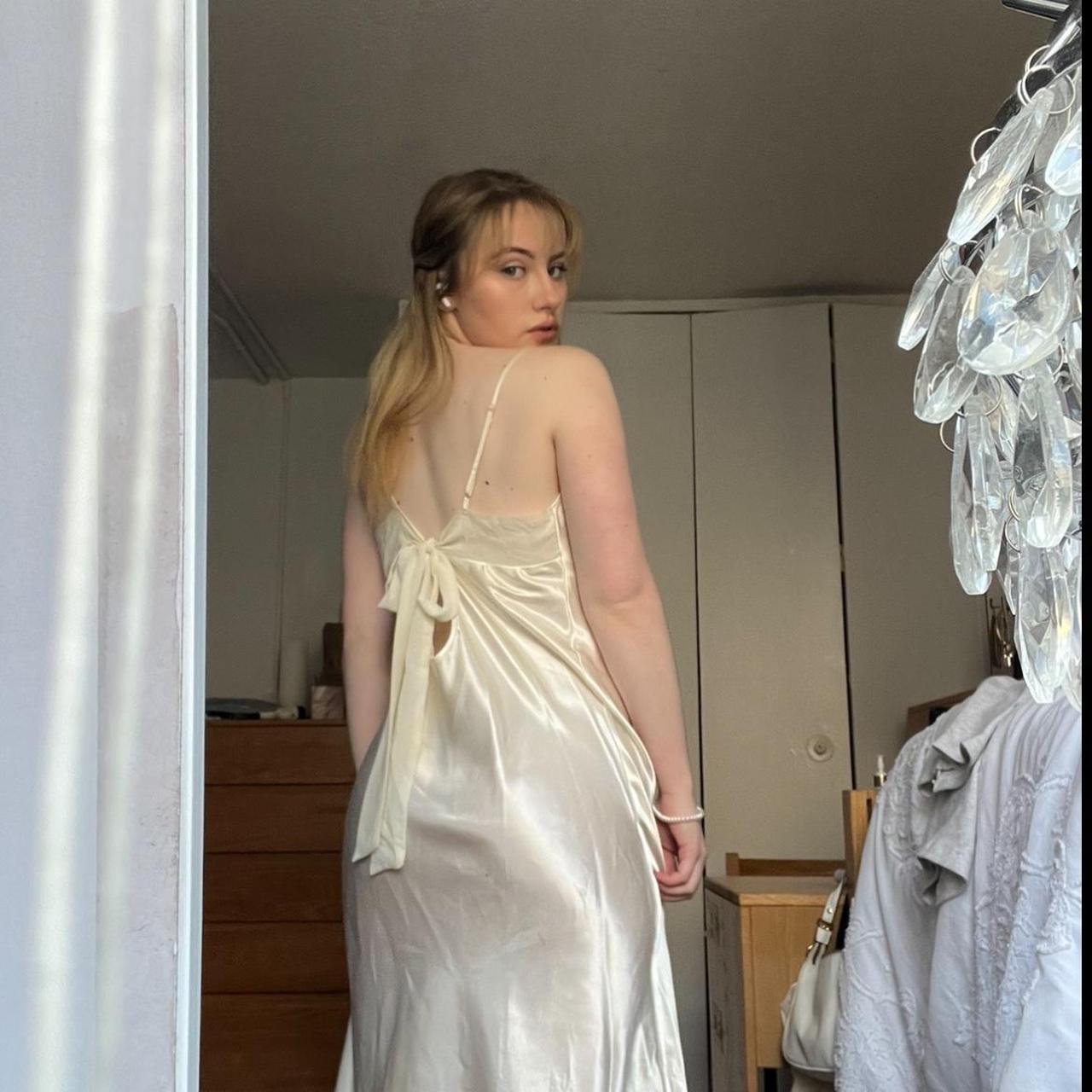 Vintage white silk slip, with slits and ruffle... | Depop