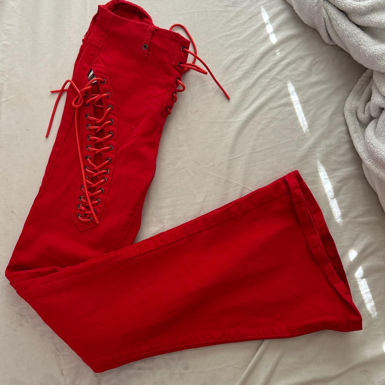 Ediked Low Rise Tie Up Red Y2K Style Flared Pants.... - Depop