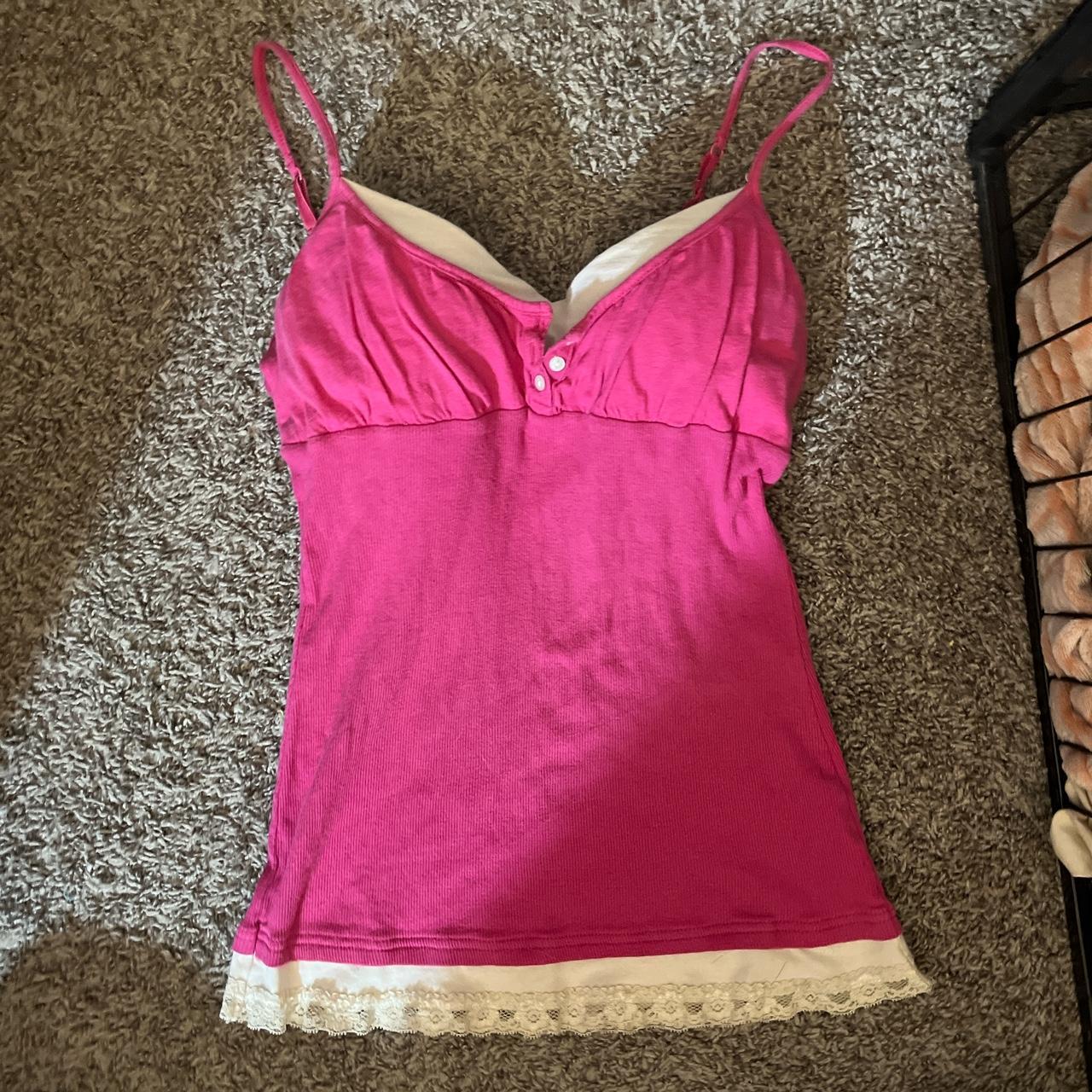 y2k 2000s layered pink shirt with padded bra size xl... - Depop