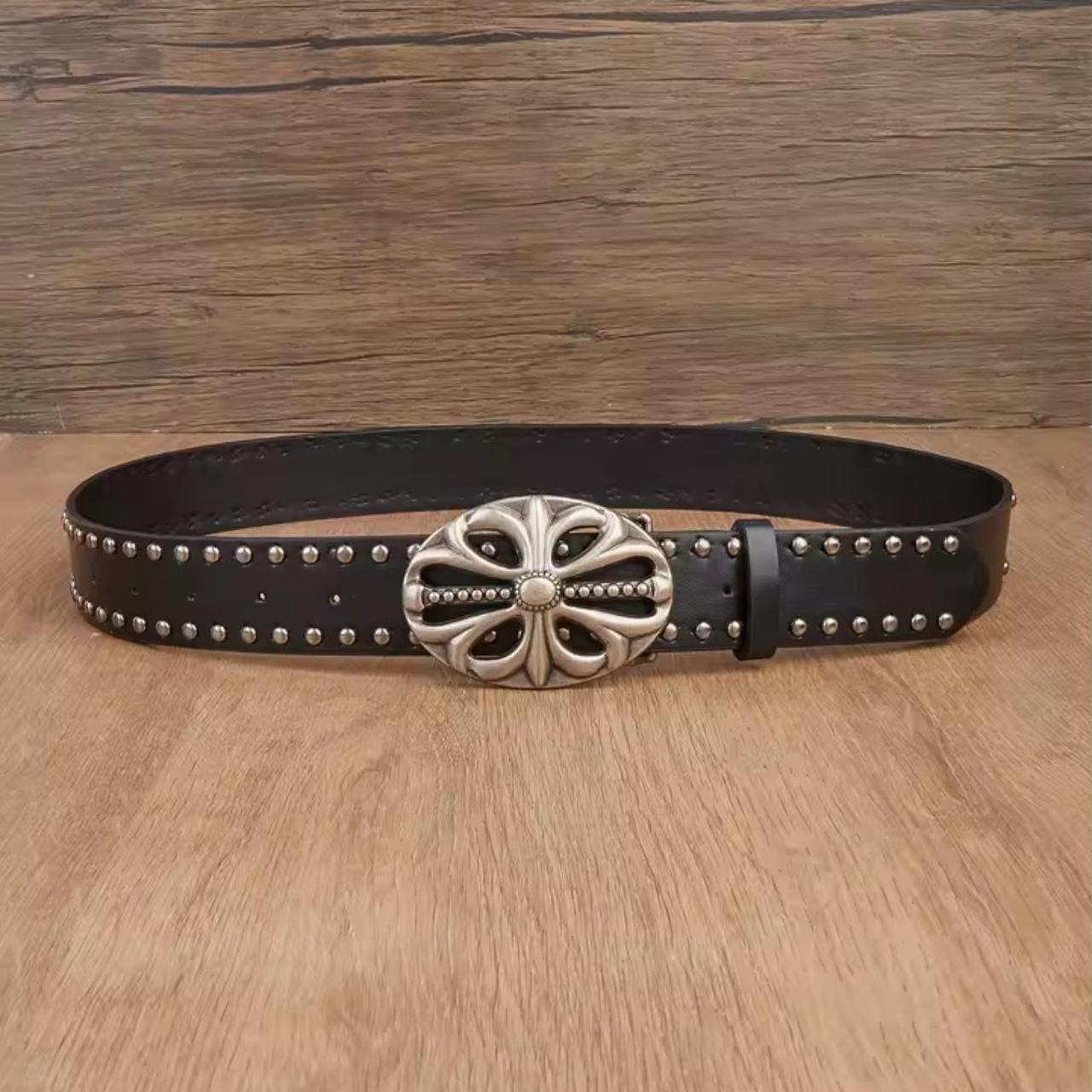 Black leather studded belt with silver details... - Depop