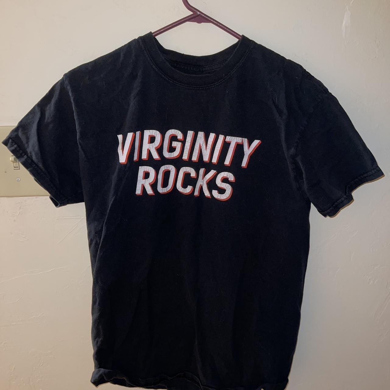 Medium, “Virginity Rocks” black shirt with red... - Depop