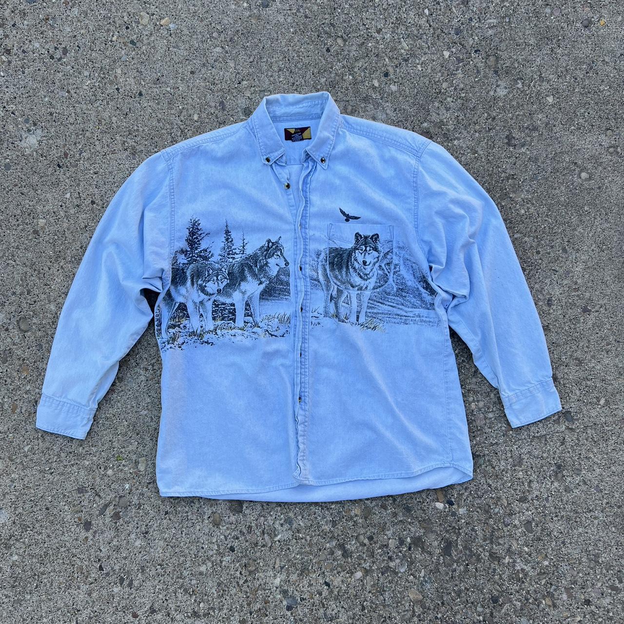 Light blue vintage wolf + pine trees 90s button up... | Depop