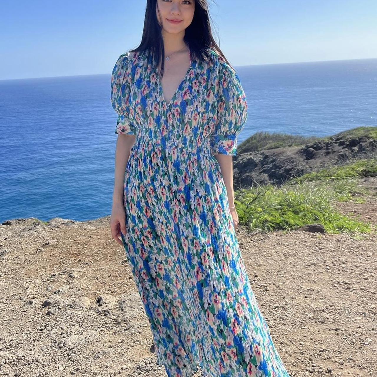 GANNI blue floral midi dress Size: 34 purchased at... - Depop