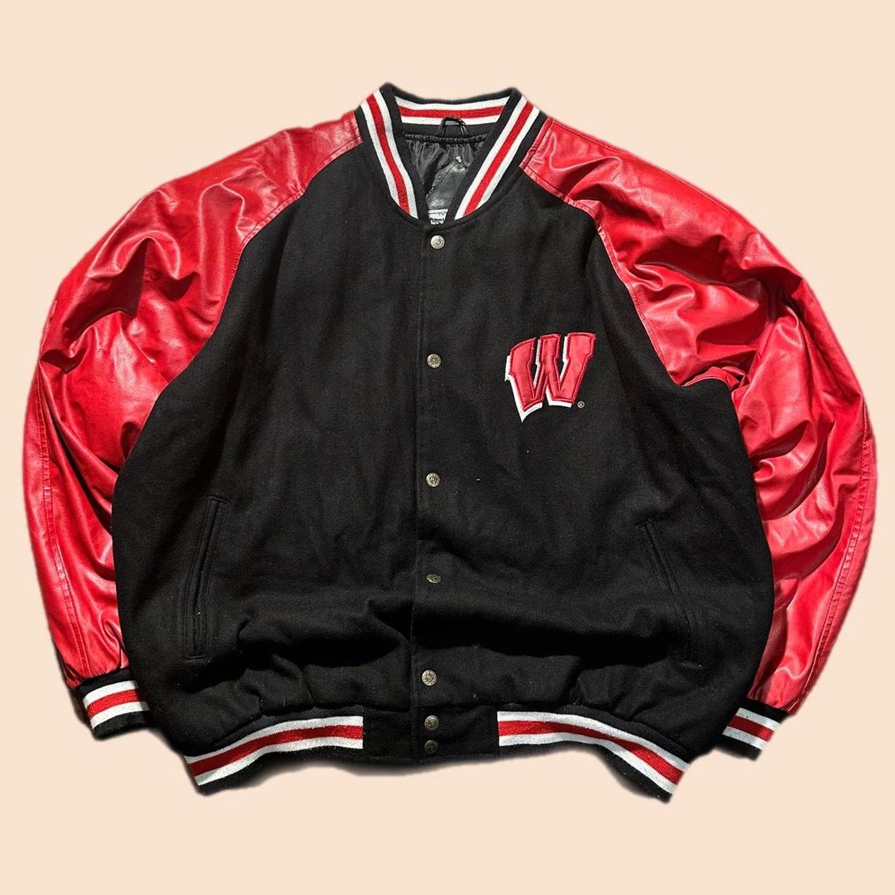 Wisconsin Badgers leather varsity jacket > Size XL... - Depop