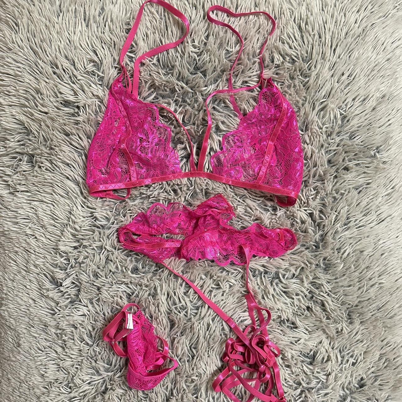 SHEIN Pink Lace 3 Piece Lingerie Set Tried on with... - Depop