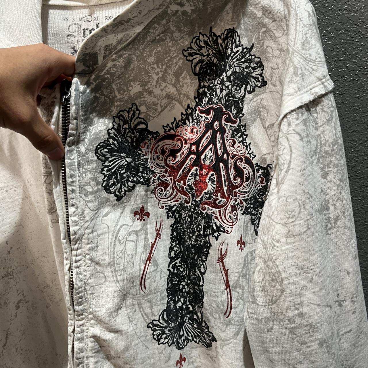 Archaic affliction y2k white red and black jacket... - Depop