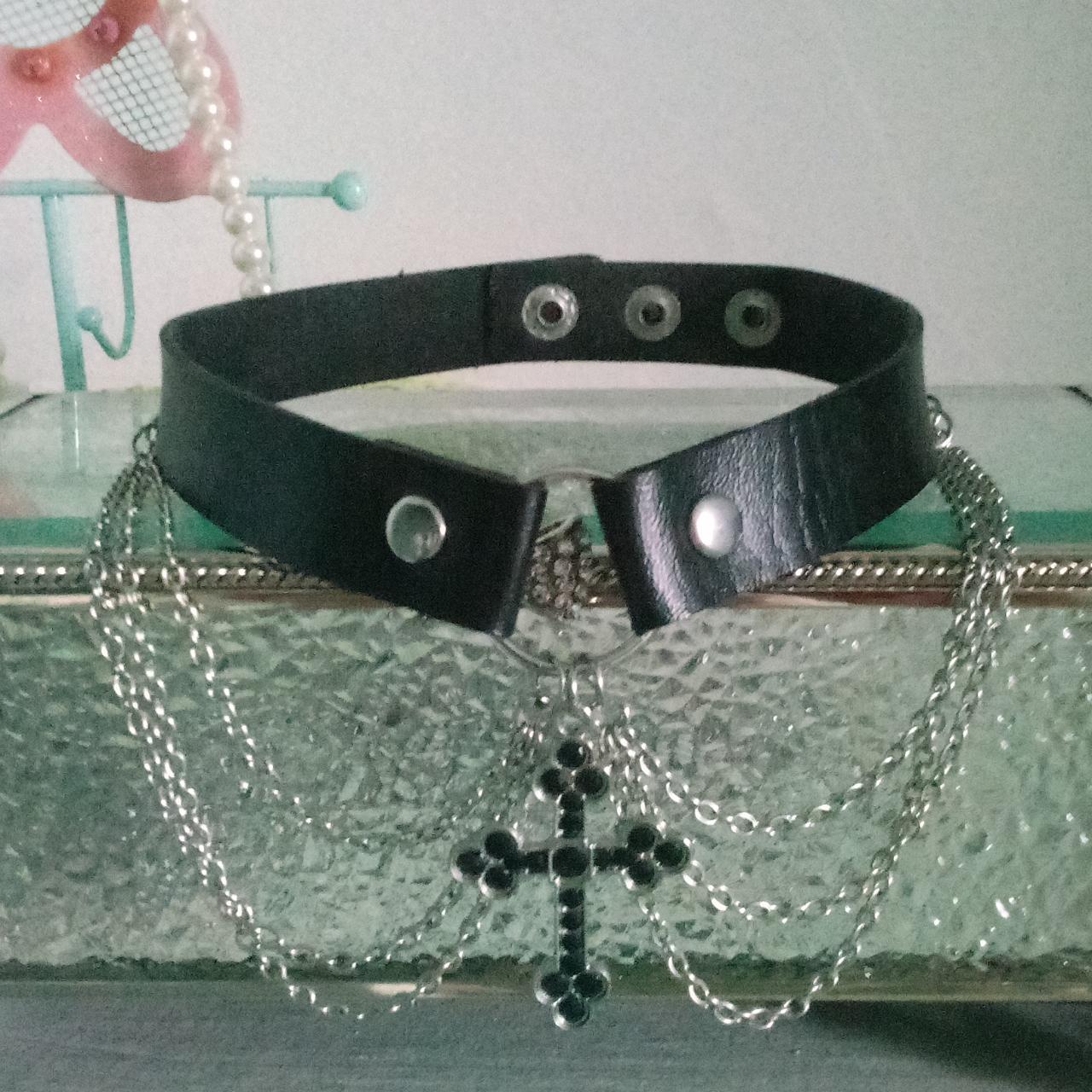Goth Chained Necklace Choker With a Black Cross in... - Depop