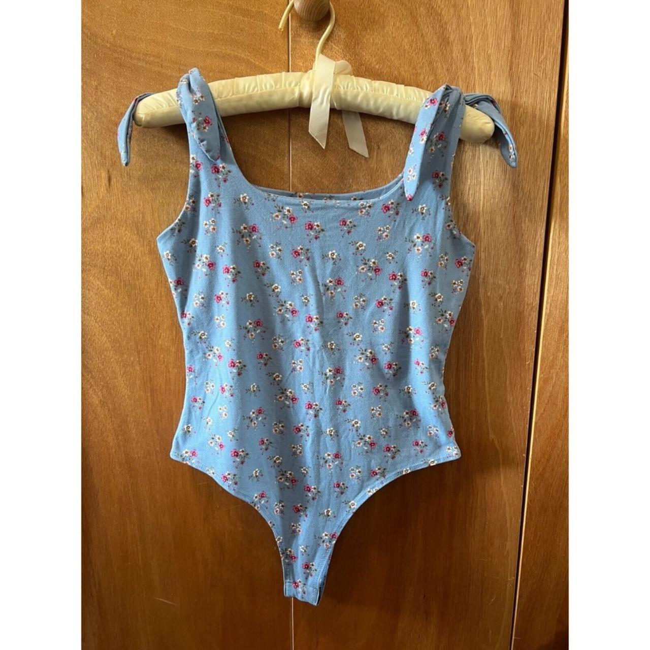 Baby Blue Floral Bodysuit Tank Top Only worn once!!... - Depop