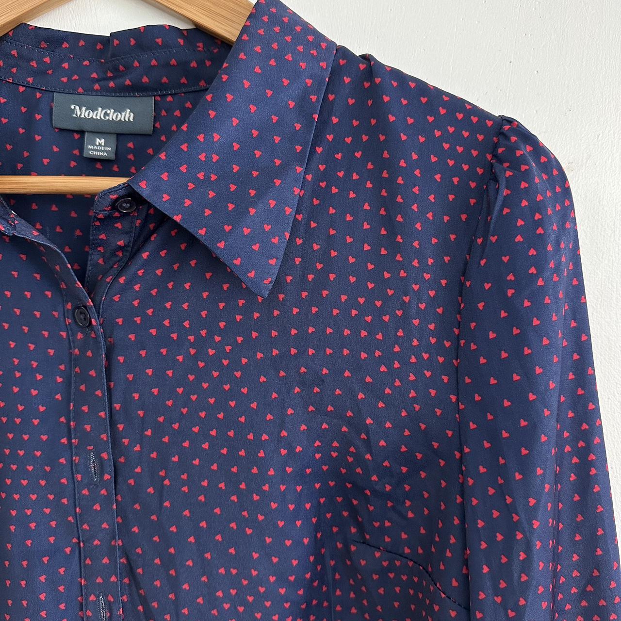 ModCloth Retro Long-Sleeved Button-Up Top Navy With... - Depop