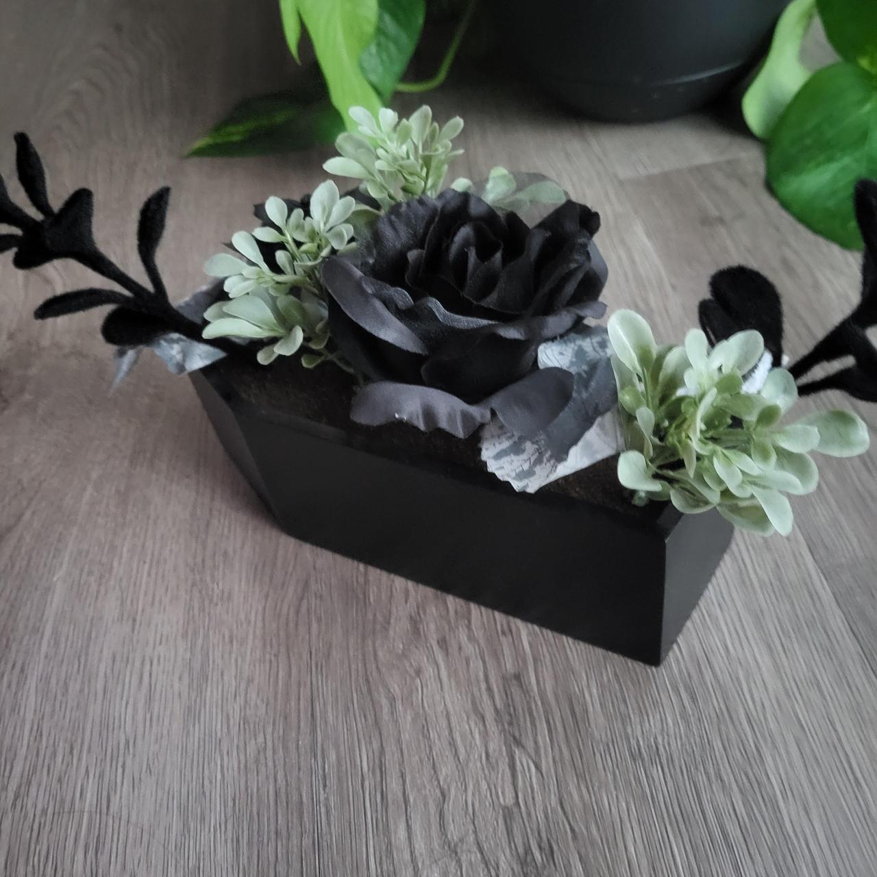 Halloween Black rose flower arrangement in a wooden... | Depop
