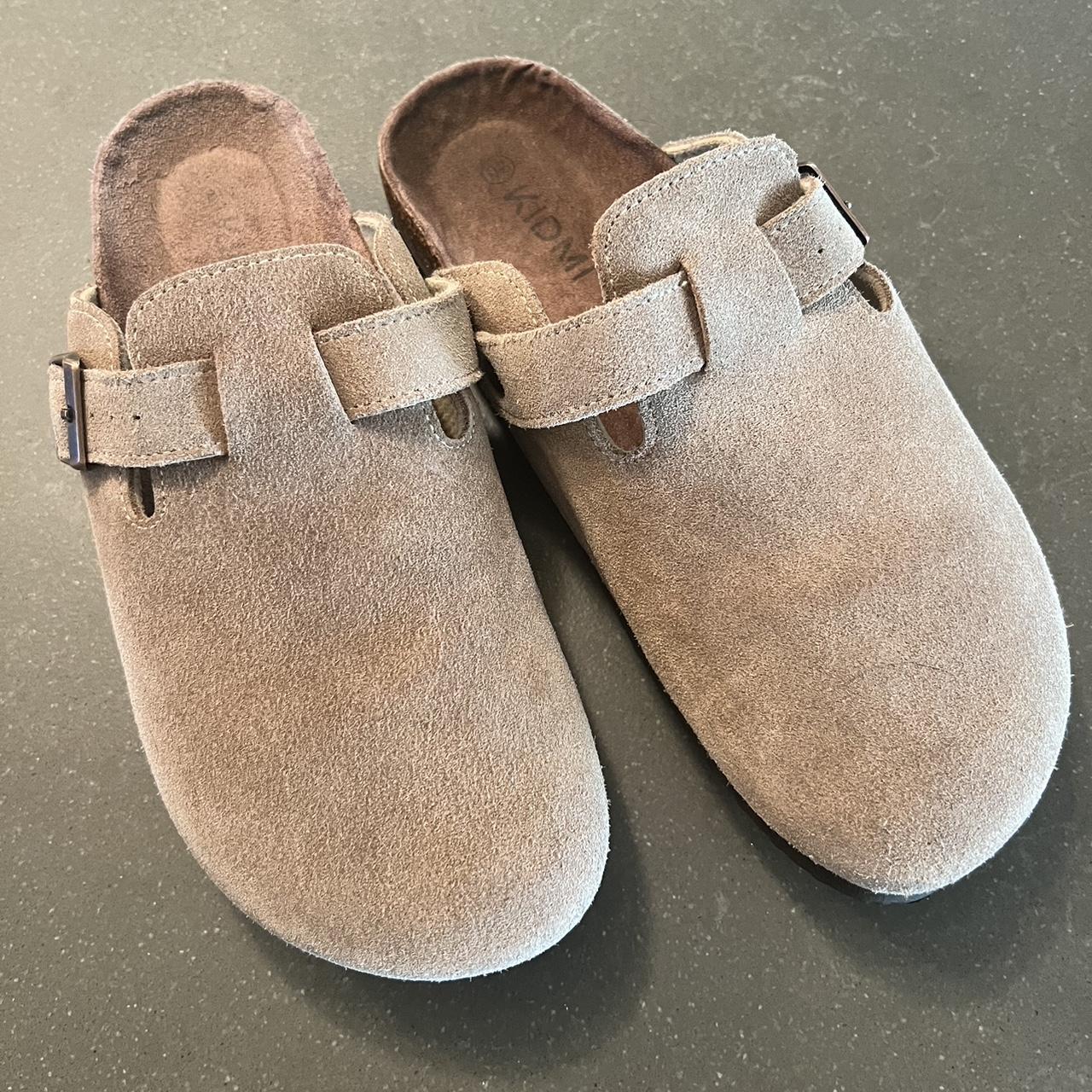 Tan and cream suede clogs with buckle detail (not... - Depop