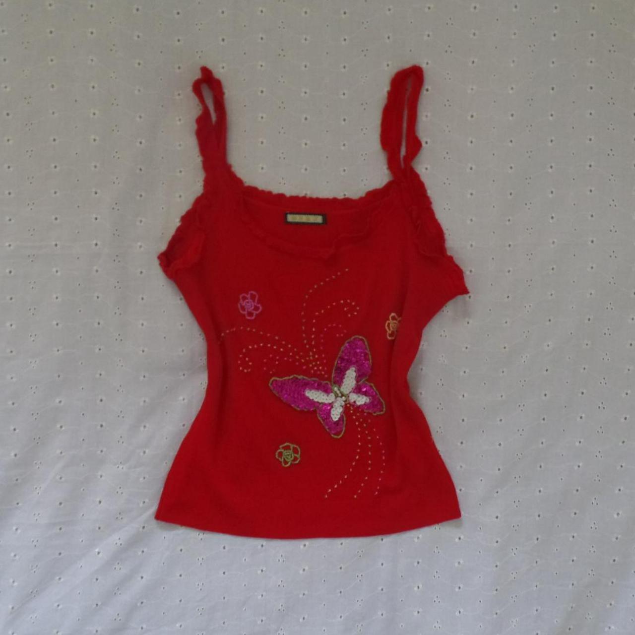 ( ͡° ᴥ ͡° ʋ) hand made beaded butterfly red cami. i... - Depop
