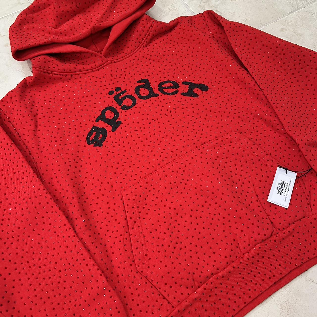 Sp5der VVS Rhinestone Burgundy Red Black Hoodie Size... | Depop