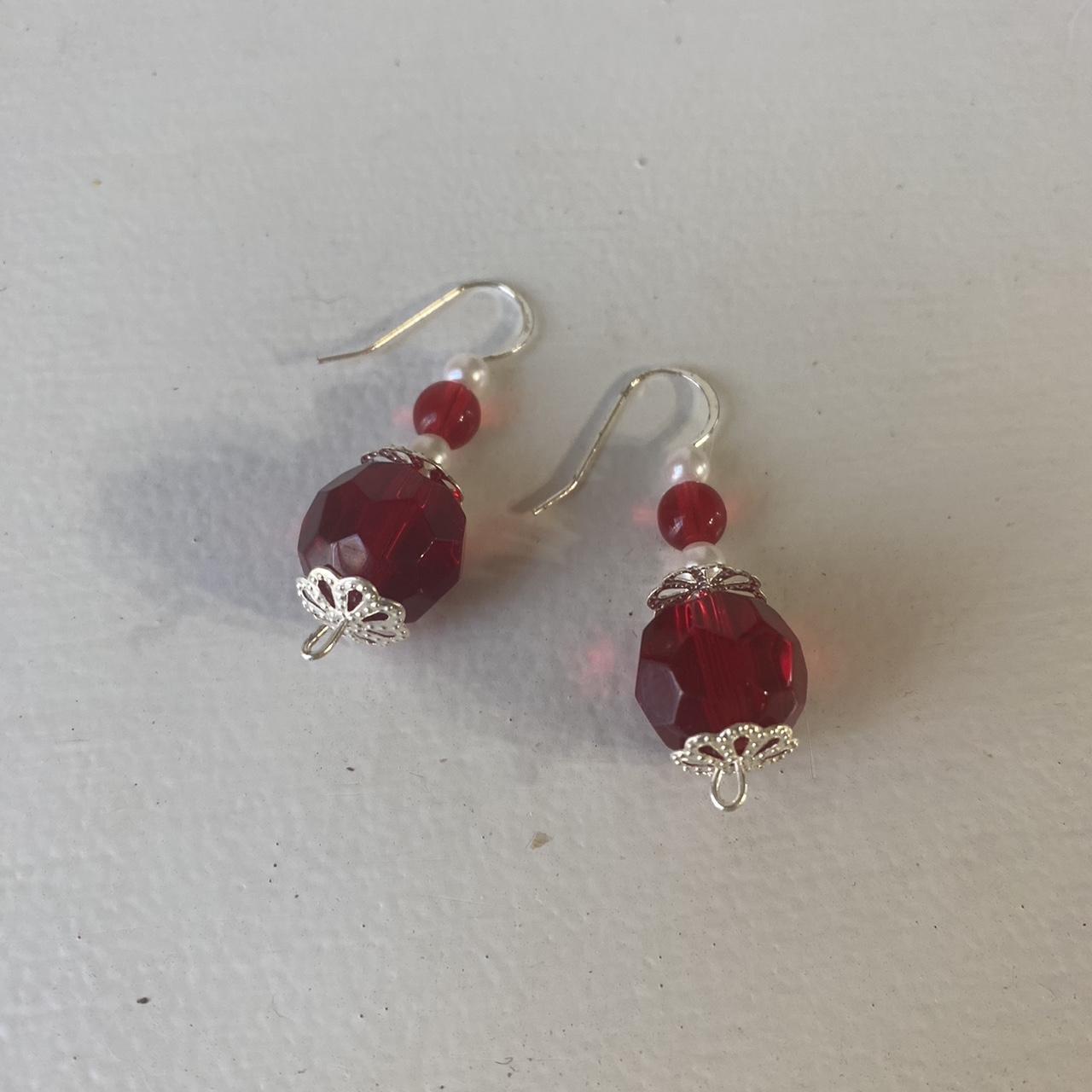Pearl and ruby beaded earrings Handmade by... - Depop