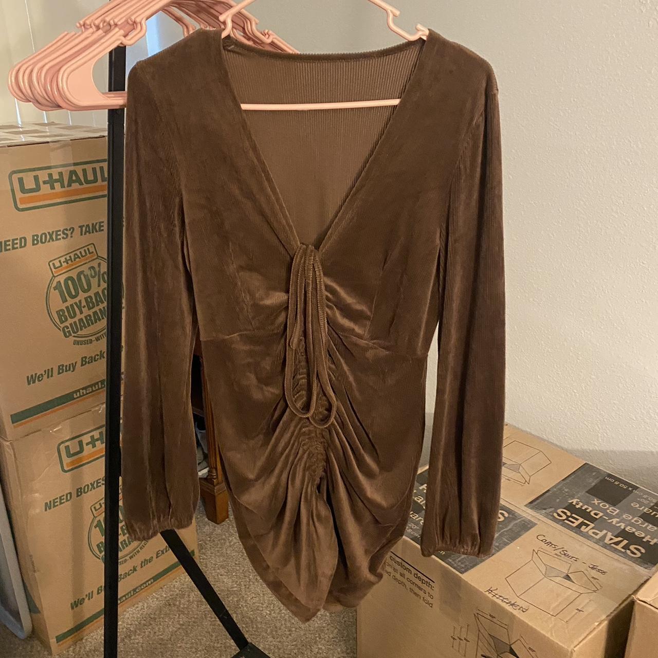 Vintage brown corduroy ruched mini dress with long... - Depop