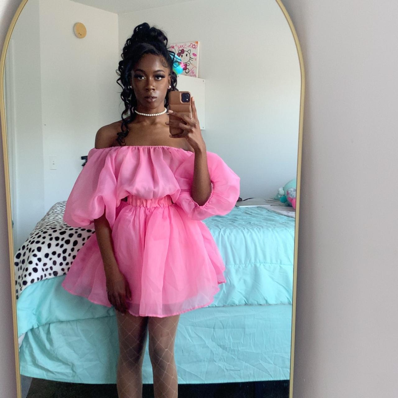 Pink poofy dress with black ribbon to tie the back - Depop