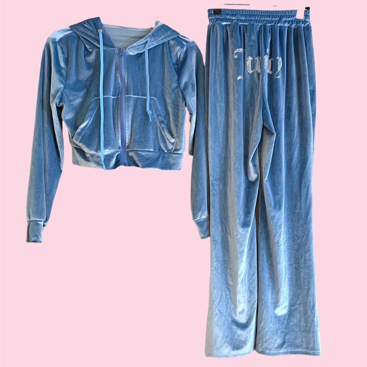 BABY BLUE VELOUR BEZADDLED TRACK SUIT CROP 🩵🩵... - Depop